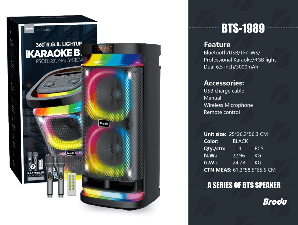 BTS-1989 PARLANTE BLUETOOTH DOBLE 6.5" CON 2 MICROFONO INALAMBRICO