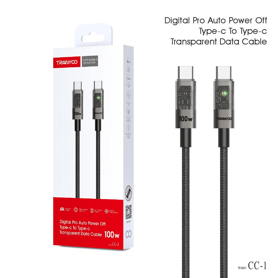 CC-1 1.2M/100W CABLE DE CARGA TIPO C A TIPO C TRANYOO CC1