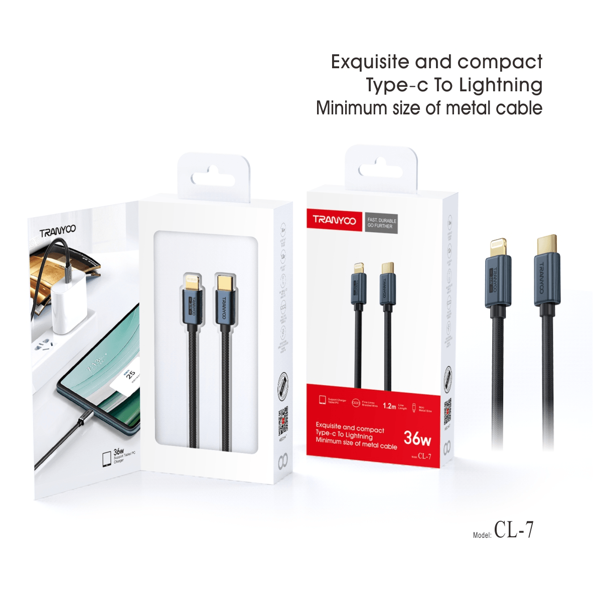 1.2M/36W METAL CABLE DE CARGA TIPO-C A LIGHTING TRANYOO CL-7