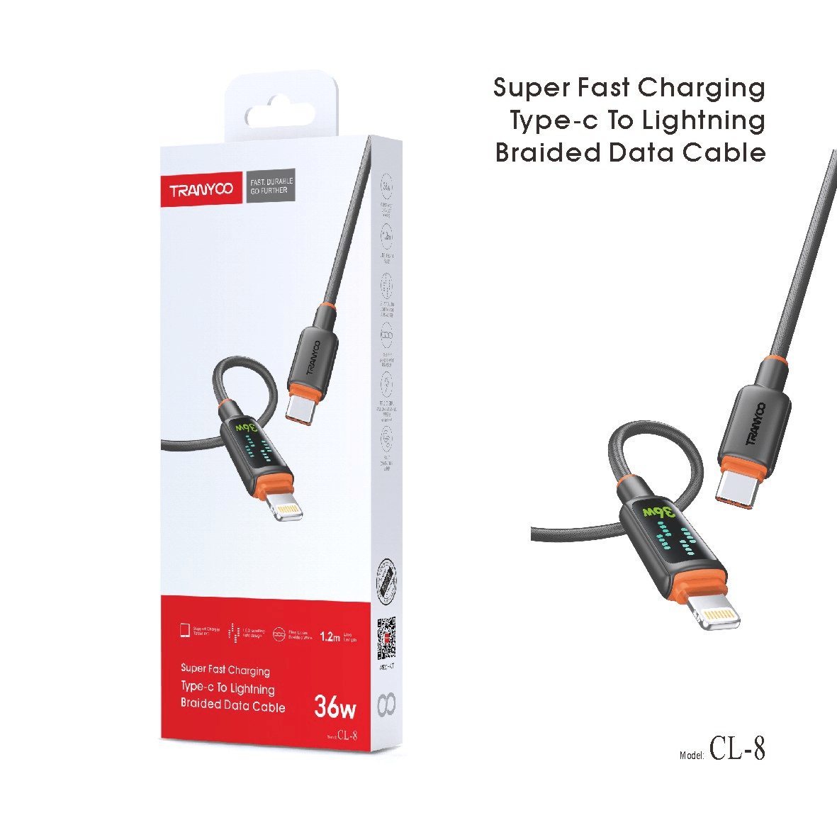 1.2M/36W METAL CABLE DE CARGA TIPO-C A LIGHTING CON EFECTO DE LUCES LE
