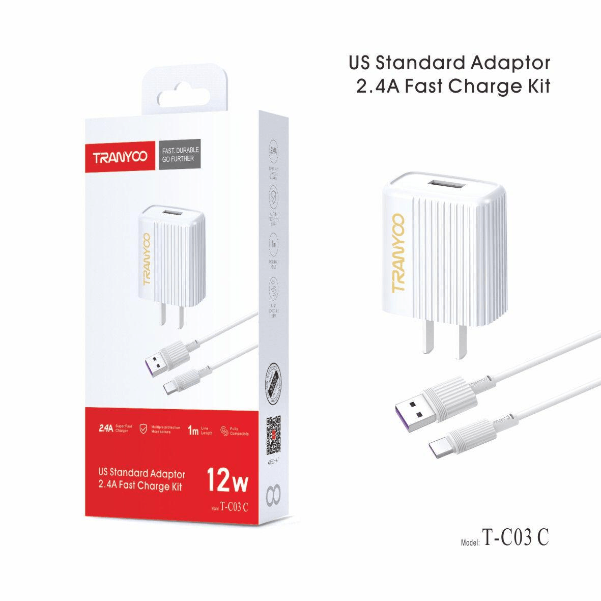 CARGADOR KIT 2.4A +CABLE TIPO-C 1M - 1 PUERTO USB TRANYOO